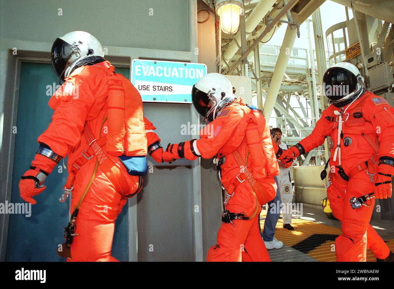 KENNEDY SPACE CENTER, Fla. -- On Launch Pad 39B, dressed in their ...
