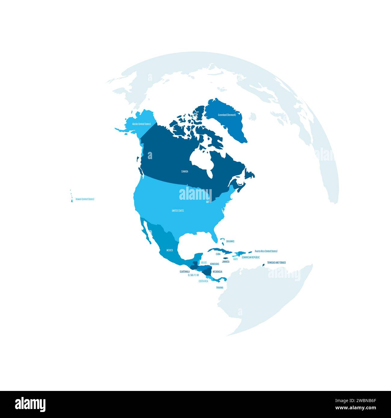 Political map of North America. Blue colored land with country name ...
