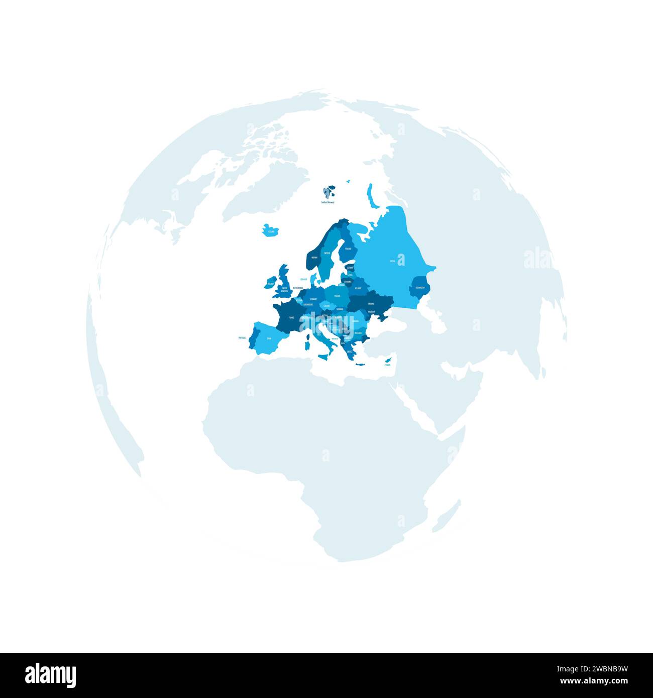 Political map of Europe. Blue colored land with country name labels on ...