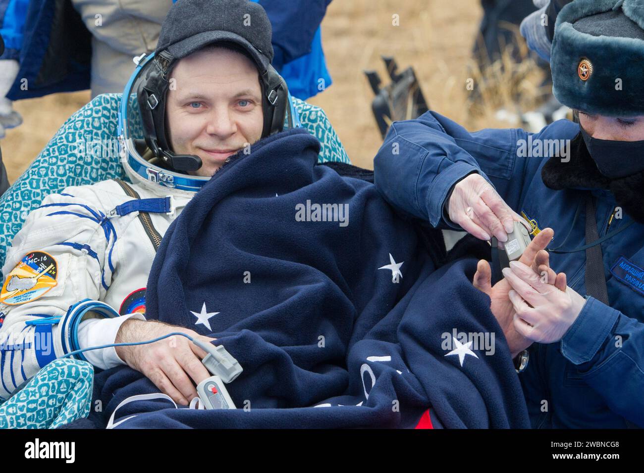Expedition 63 Roscosmos cosmonaut Ivan Vagner is seen outside the Soyuz ...