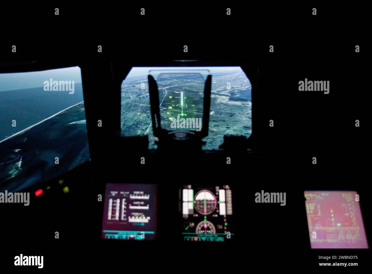 The landing approach to the Kennedy Space Center is seen in a heads up ...