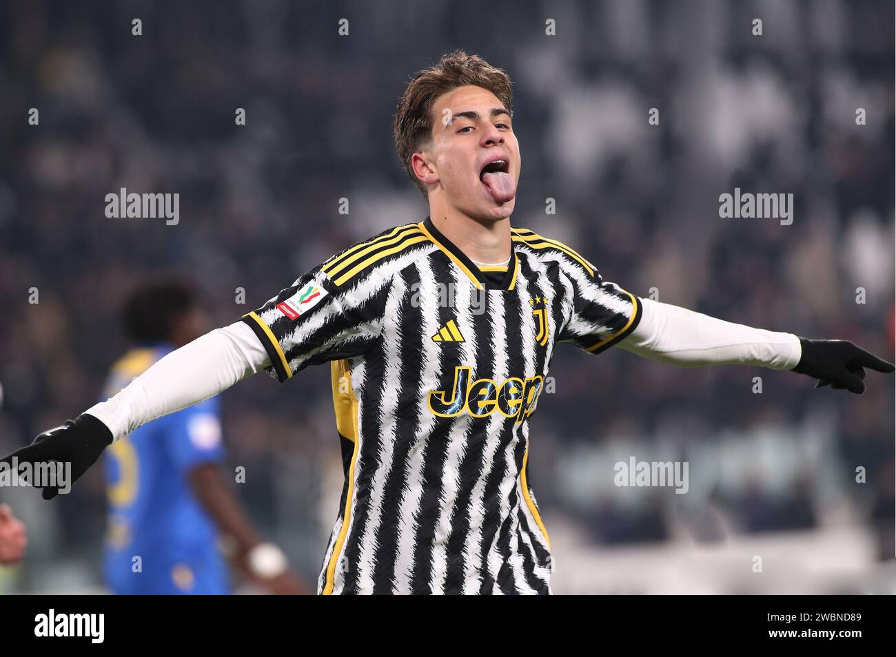 Turin, Italy. 11th Jan, 2024. Kenan Yildiz (Juventus FC) celebrates ...