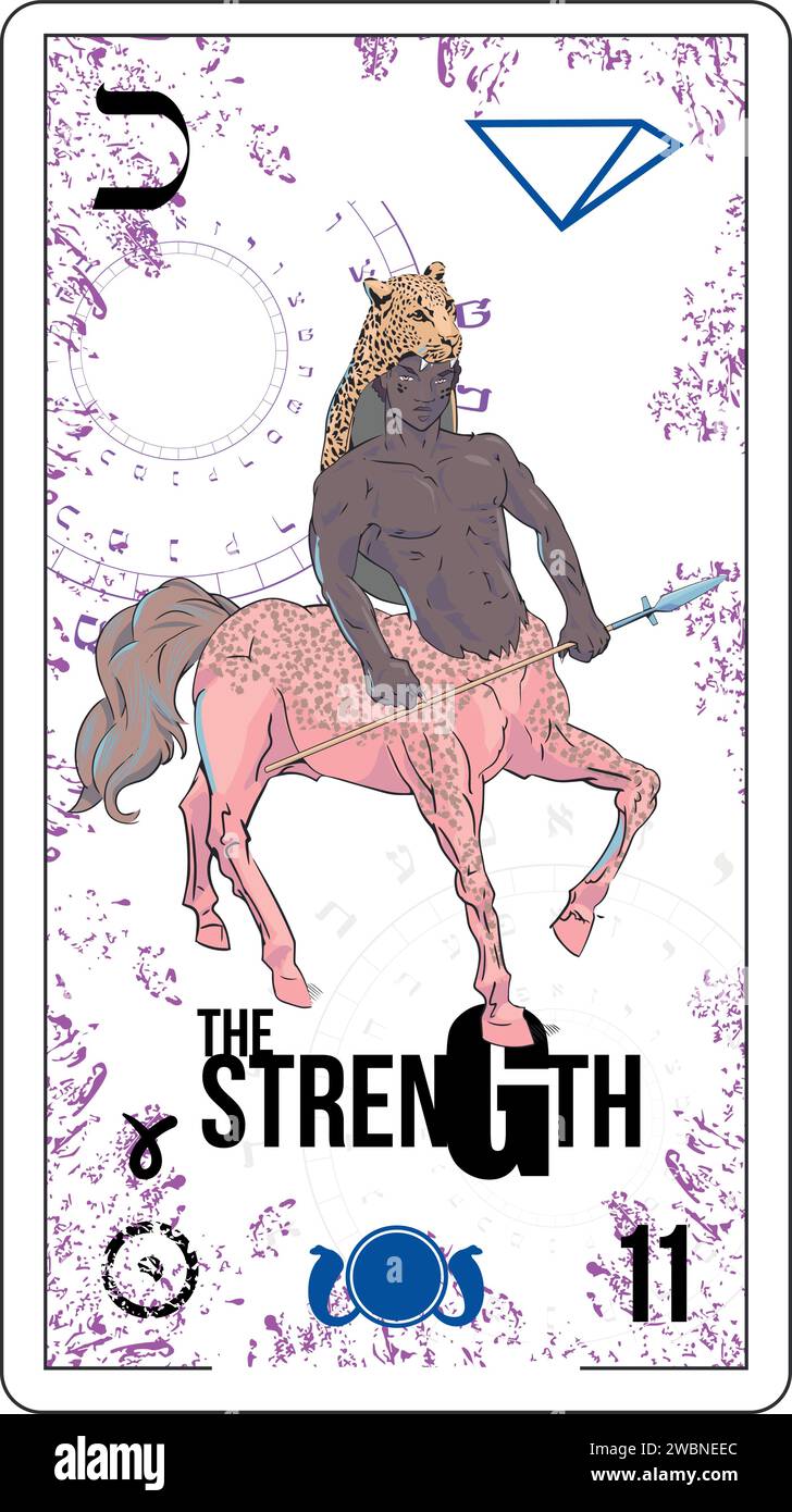 tarot card number eleven, called The Force. Black man centaur with ...