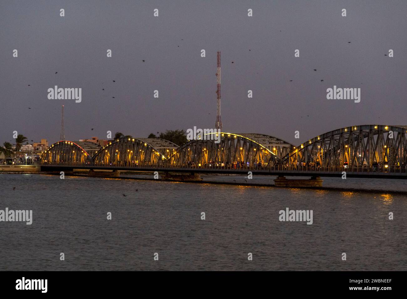 West Africa, Senegal, Saint Louis. Faidherbe Bridge at night Stock ...