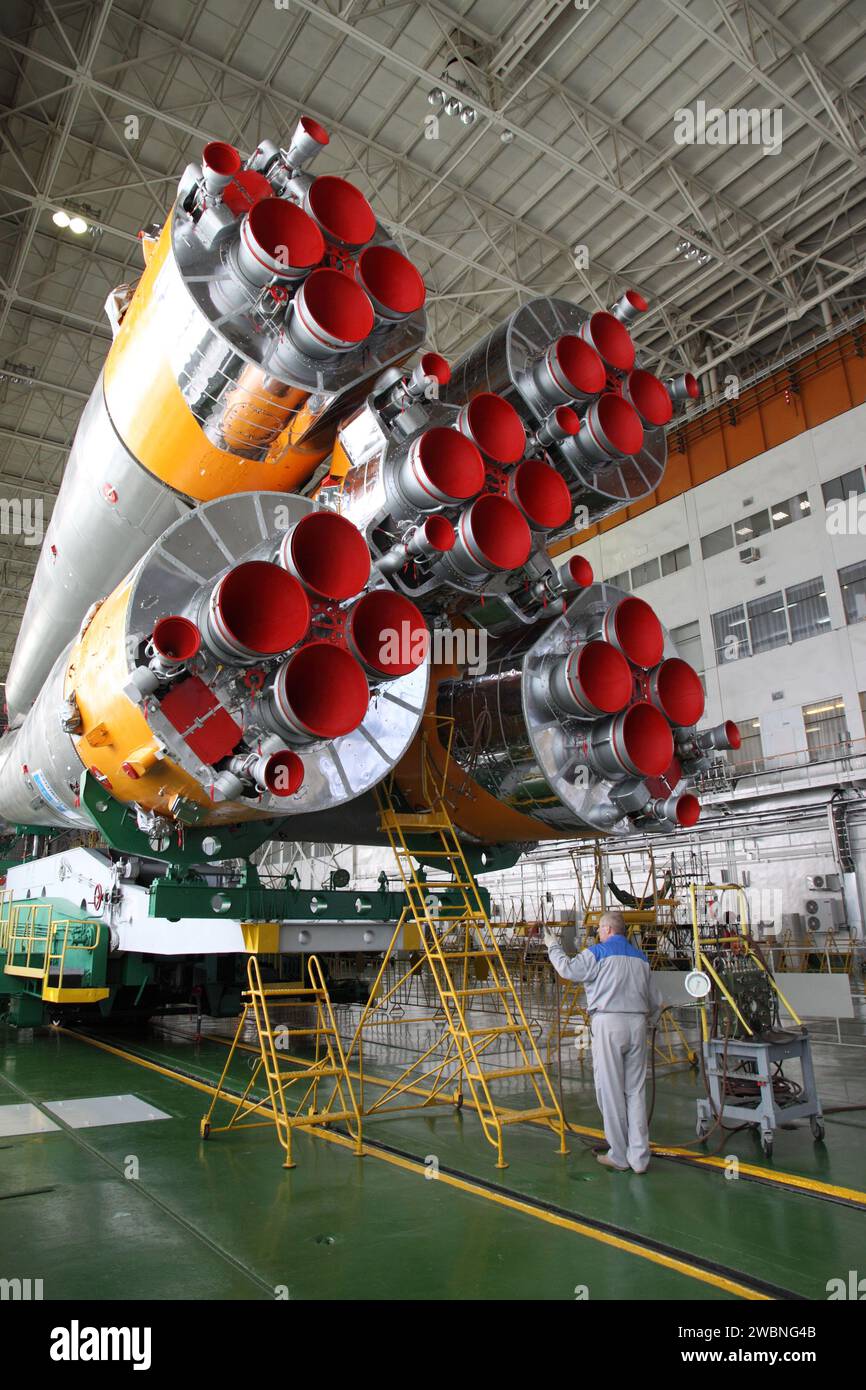 The first stage engines of the Soyuz booster rocket are visible as ...