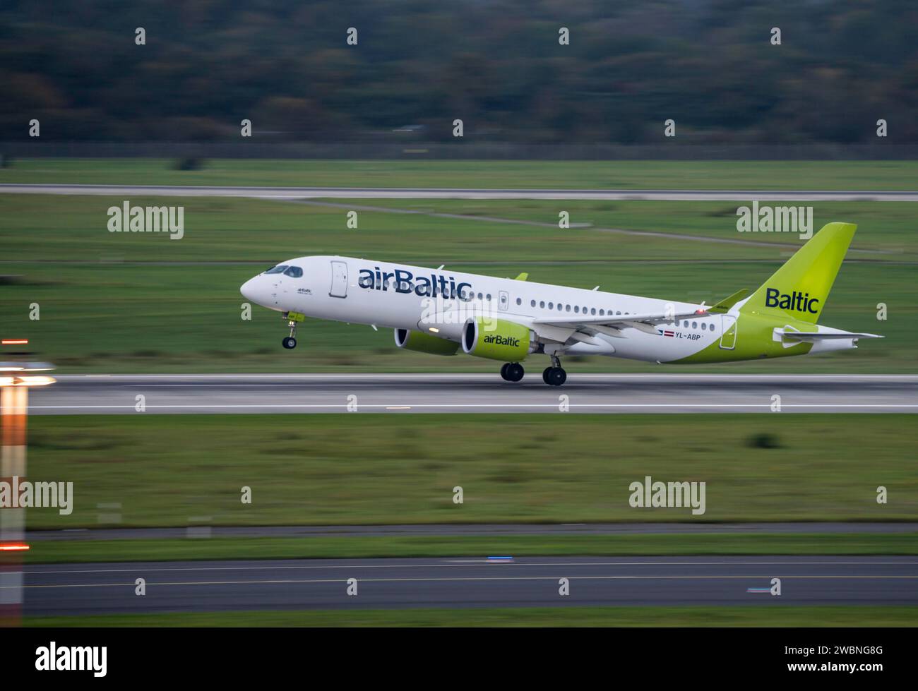 Düsseldorf Airport, Air Baltic Airbus A220-300, YL-ABP, on take-off ...