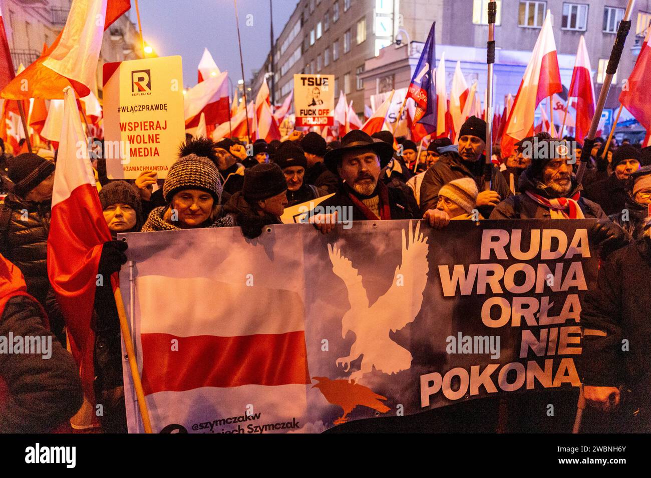 Warsaw, Poland, 11th of January 2024. Protesters hold a banner which ...