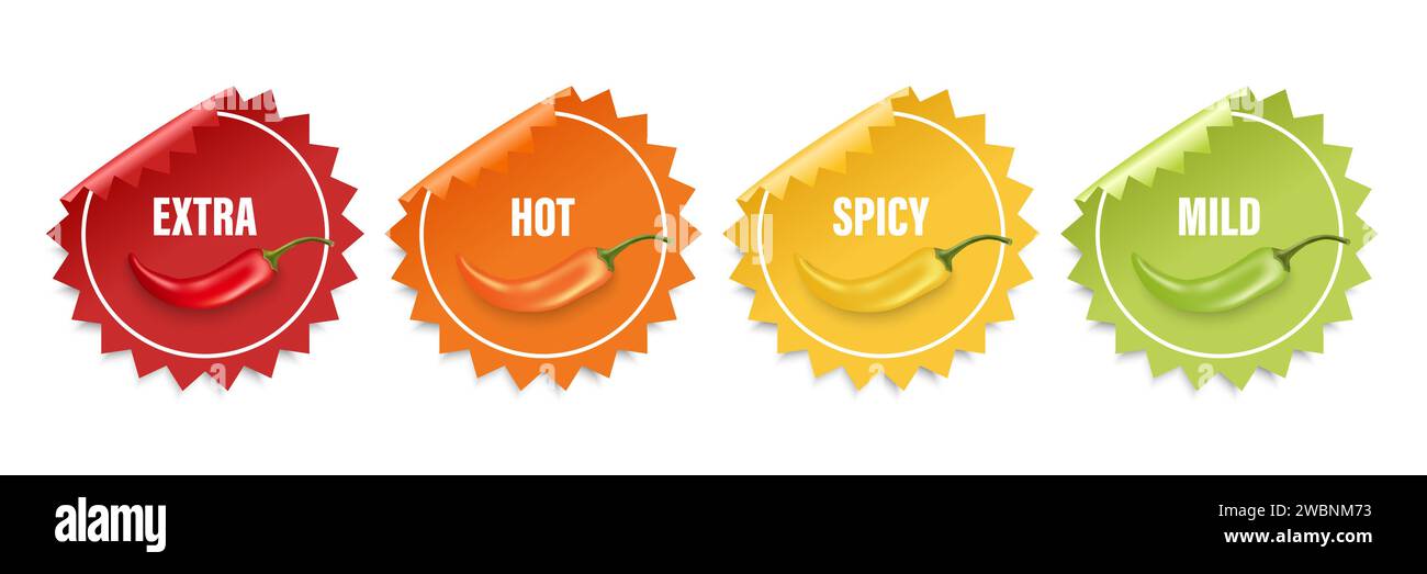 Realistic Vector Round Stickers with Spicy Chili Pepper Levels. Red ...