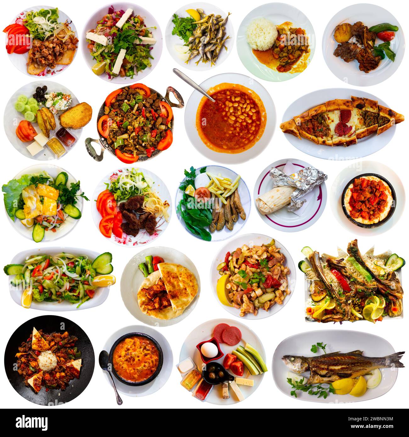 Set of various plates of Turkish cuisine isolated on white Stock Photo ...