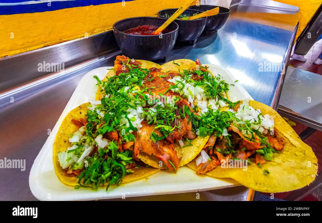 Mexican Tacos With Lime Hot Sauce Pineapple And Onions In Centro ...