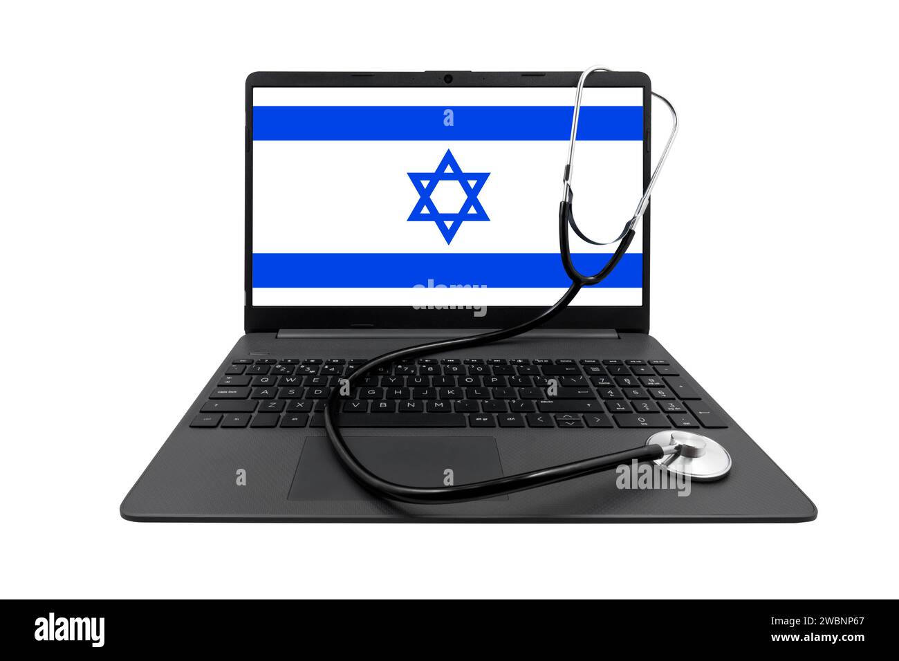 Laptop with Israel flag on screen and medical stethoscope, isolated on ...