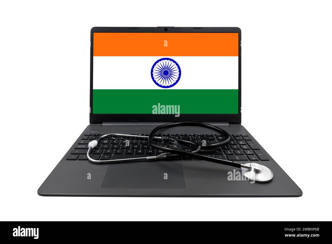 Laptop with India flag on screen and medical stethoscope, isolated on ...