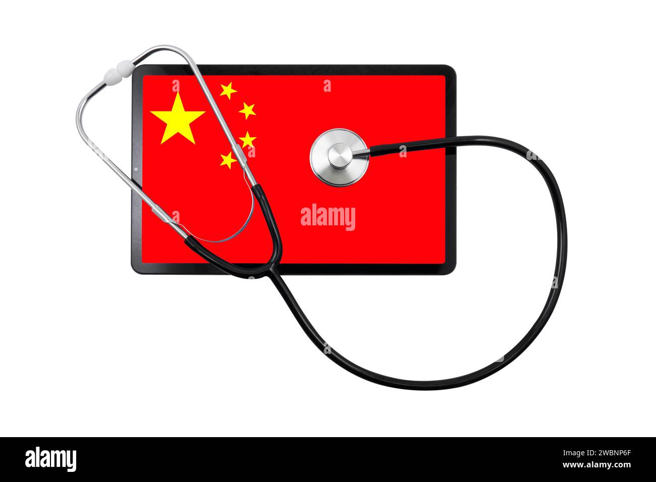 Tablet PC with China flag on screen and medical stethoscope isolated on ...