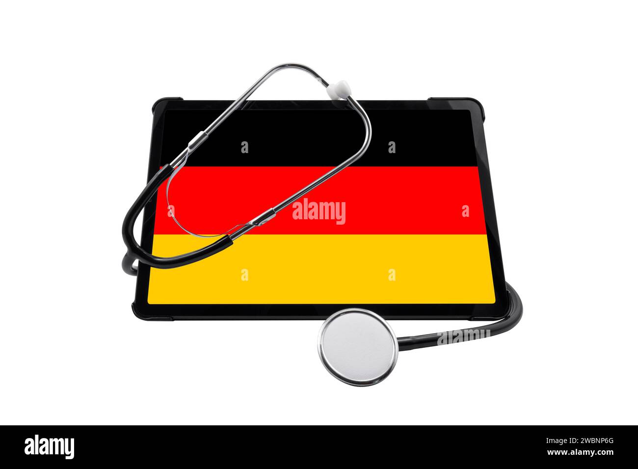 Tablet PC with Germany flag on screen and medical stethoscope isolated ...