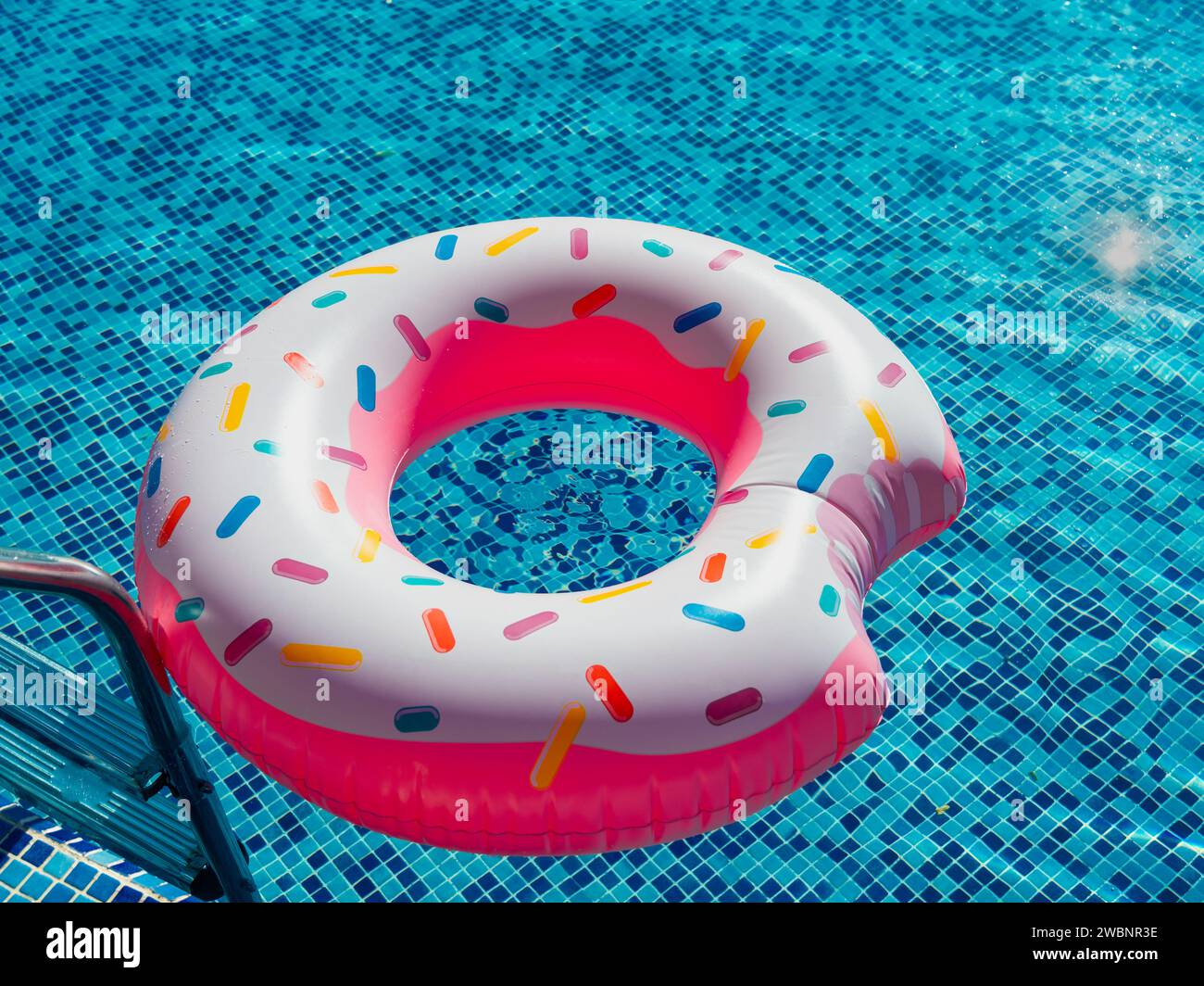 A toy rubber bitten donut with caramel sprinkles next to the pool ...