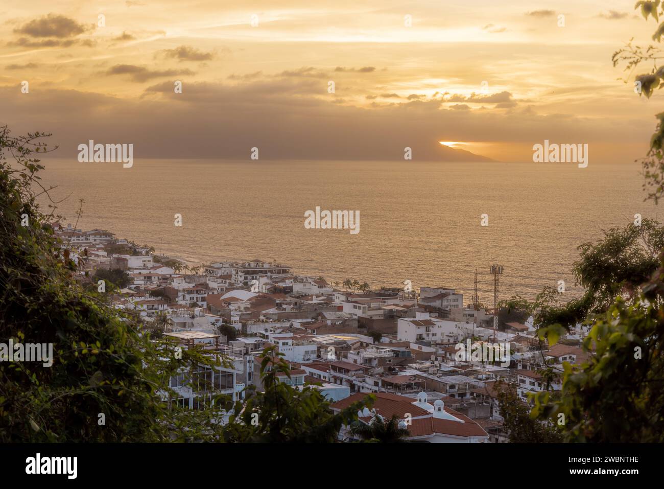 High view of Puerto Vallarta, Mexico, Jalisco sunset in January with ...