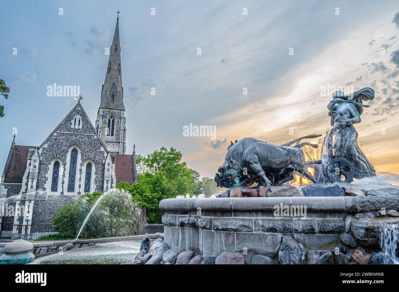 The Gefion Fountain in Copenhagen, Denmark. It features a group of oxen ...