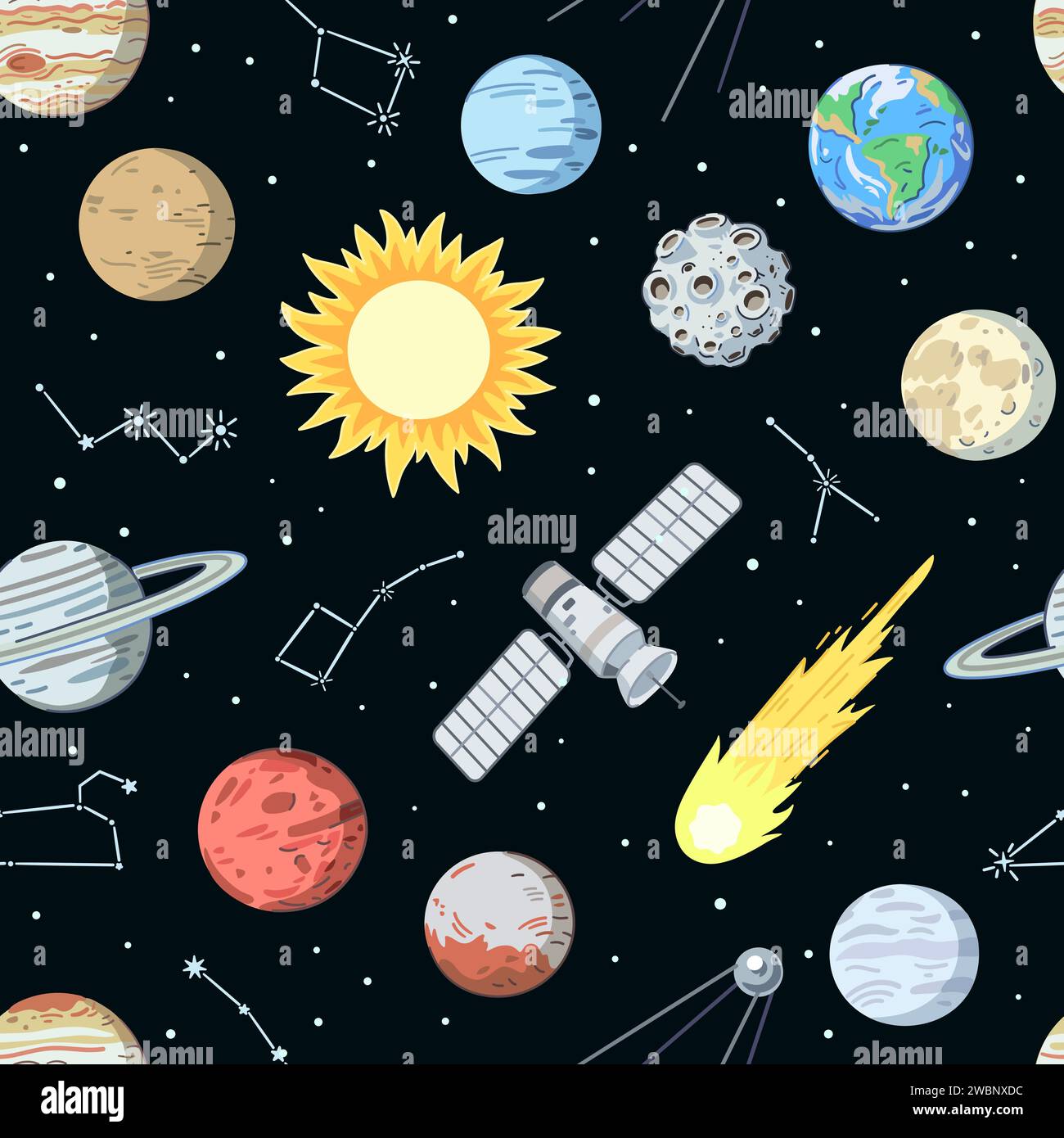 Seamless pattern with stars, planets and satellites in cosmos. Cartoon ...