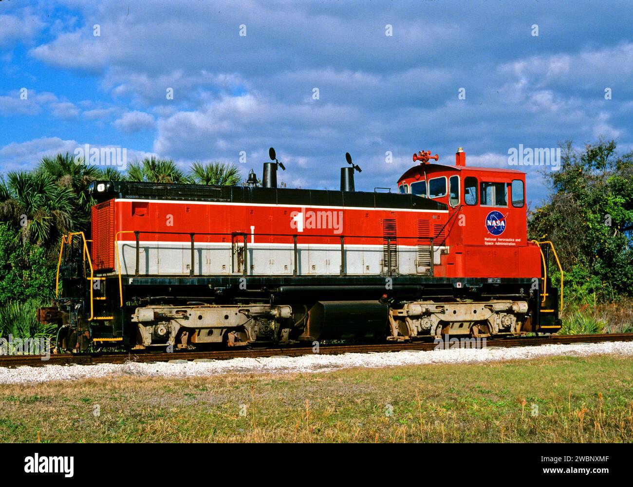 A NASA railroad locomotive at Kennedy Space Center moves equipment ...