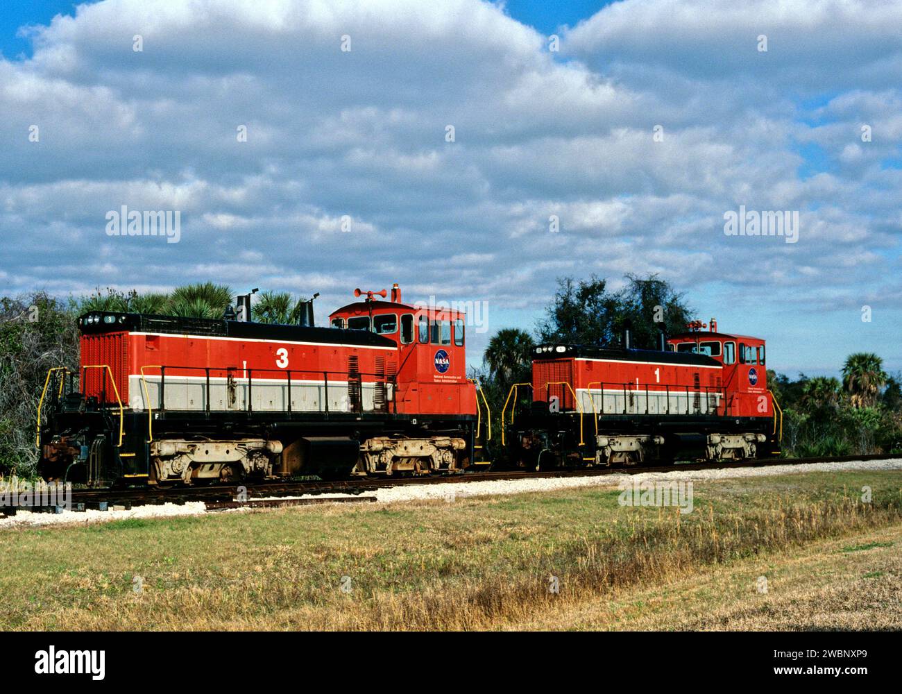 CAPE CANAVERAL, Fla. – Two NASA railroad locomotives at the Kennedy ...