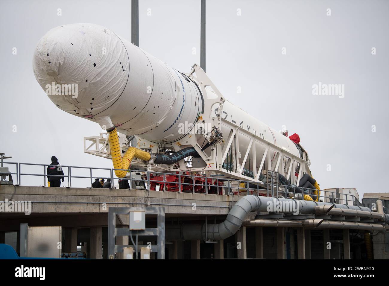 A Northrop Grumman Antares rocket arrives at launch Pad-0A, Wednesday, Feb. 5, 2020, at NASA's ...