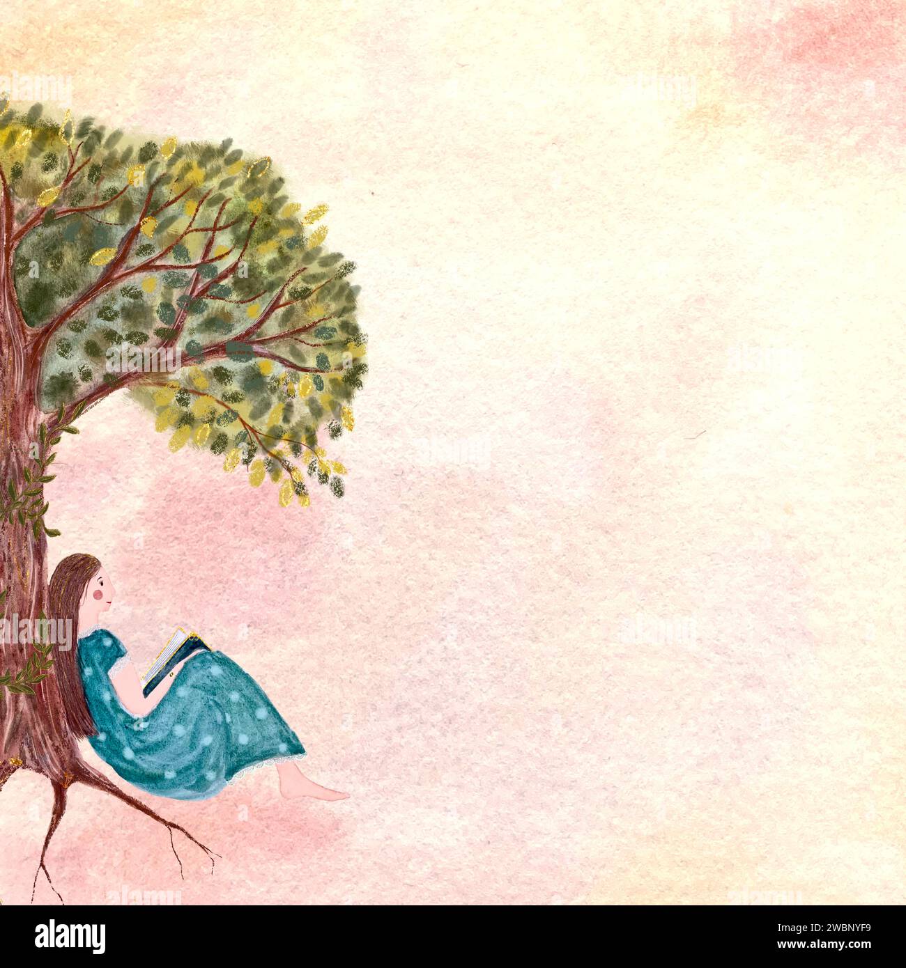 Hand-painted watercolor girl reading under a tree on peach bakground ...