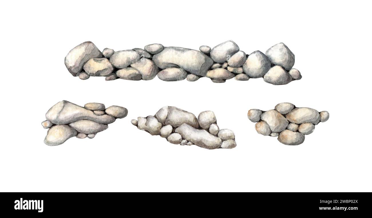 Watercolor illustration of a set of heaps of stones. Natural elements ...