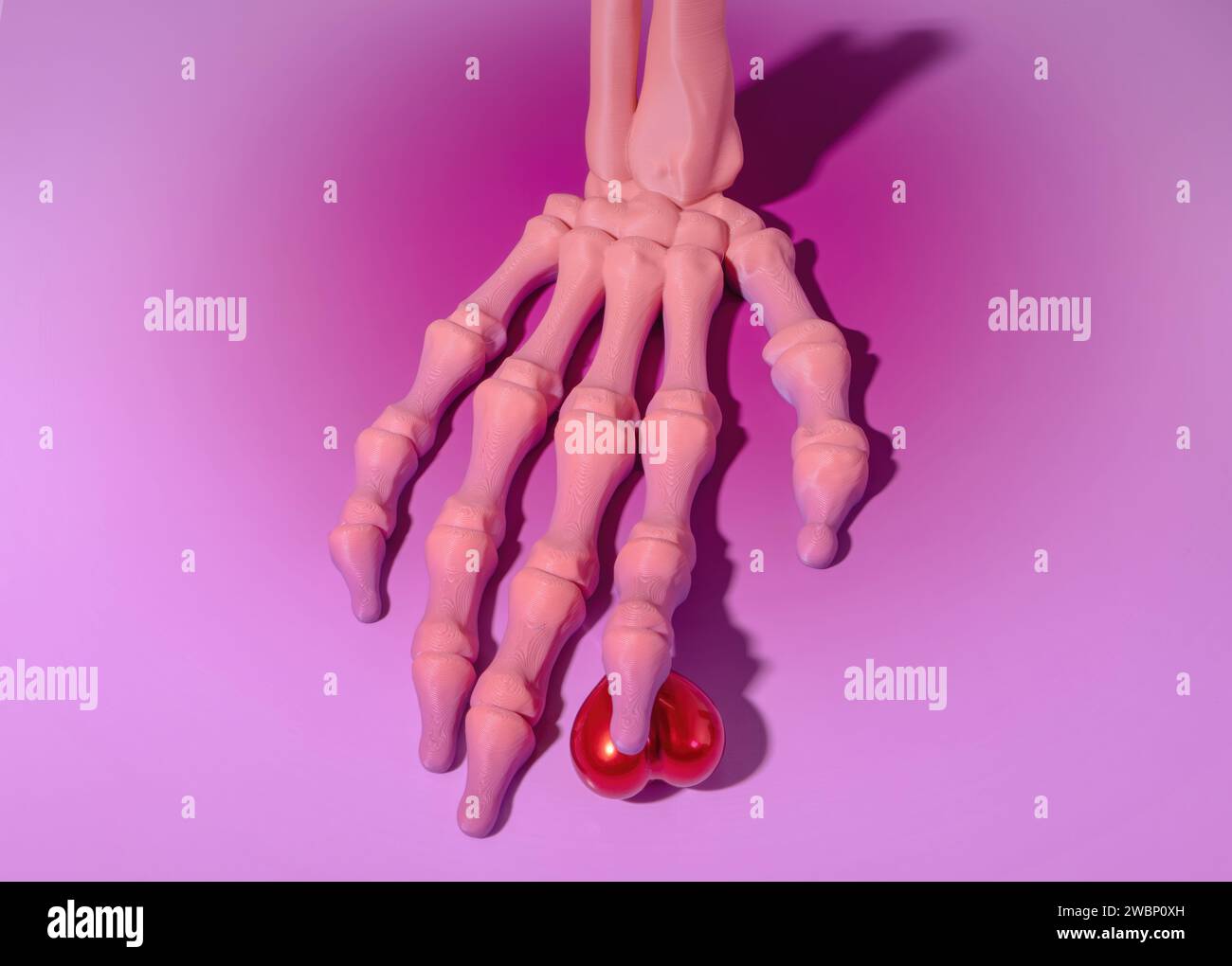A Pink Skeleton Hand Touching a Red Heart Stock Photo - Alamy