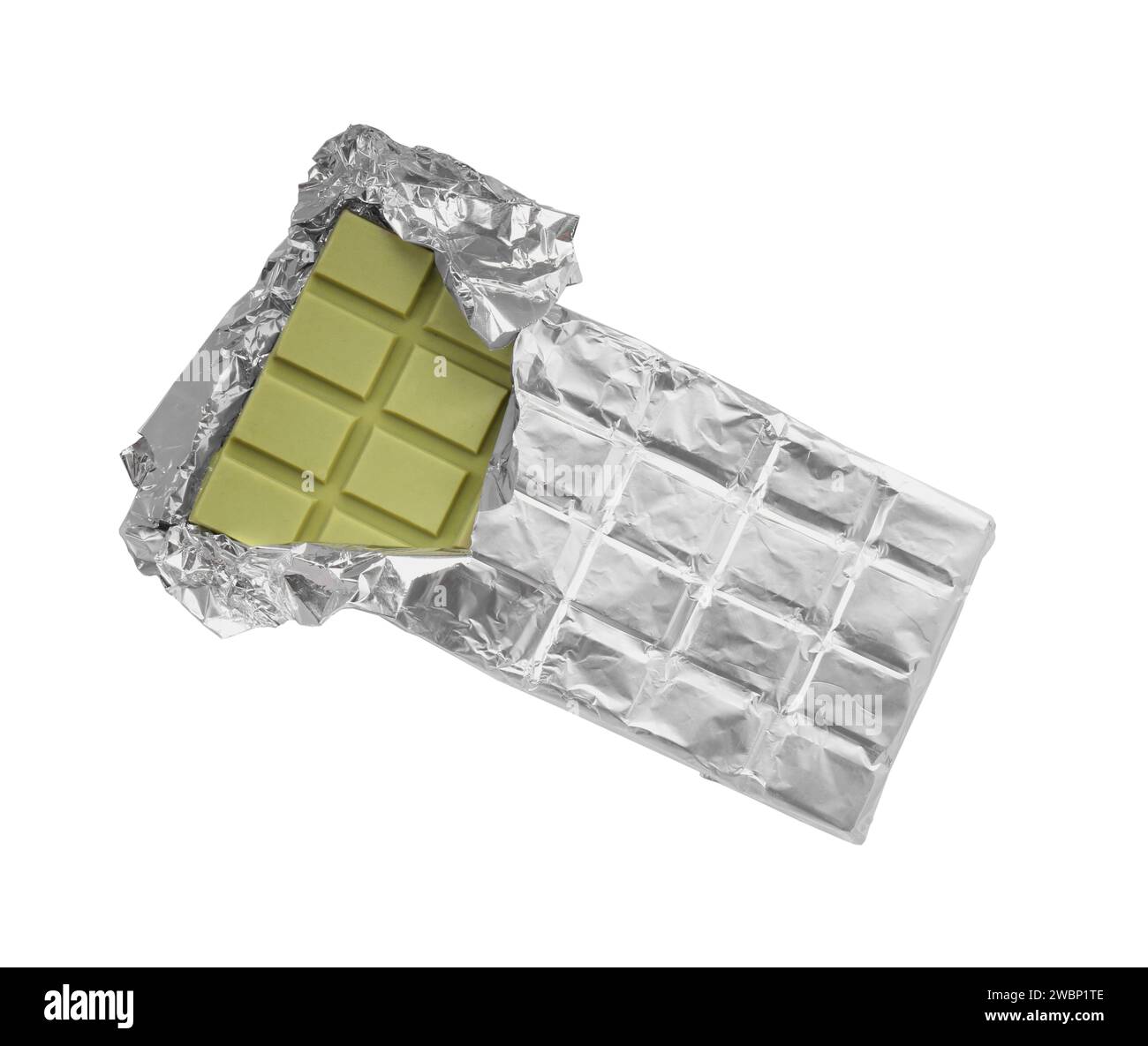 Tasty matcha chocolate bar wrapped in foil isolated on white, top view ...