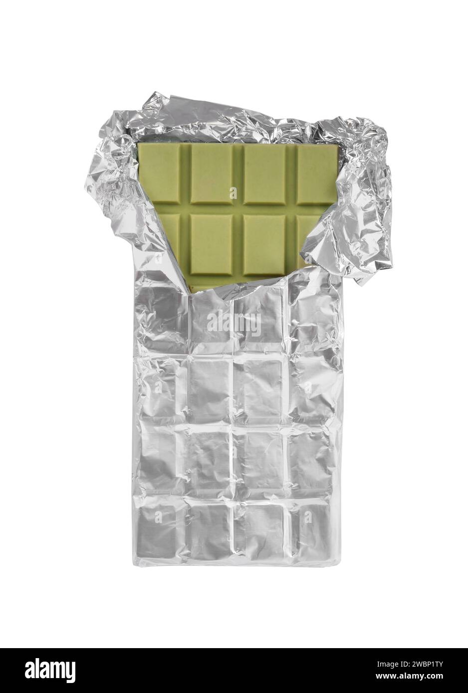 Tasty matcha chocolate bar wrapped in foil isolated on white, top view ...