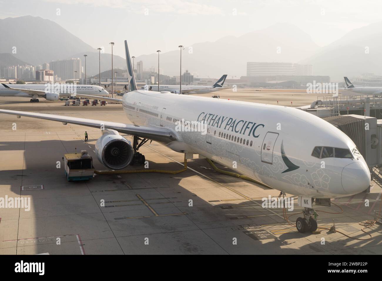 front to back view of Cathay Pacific aircraft parked on tarmac apron at ...