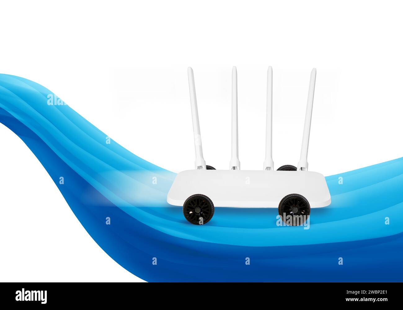 Fast internet connection. Wi-Fi router with wheels riding on white ...