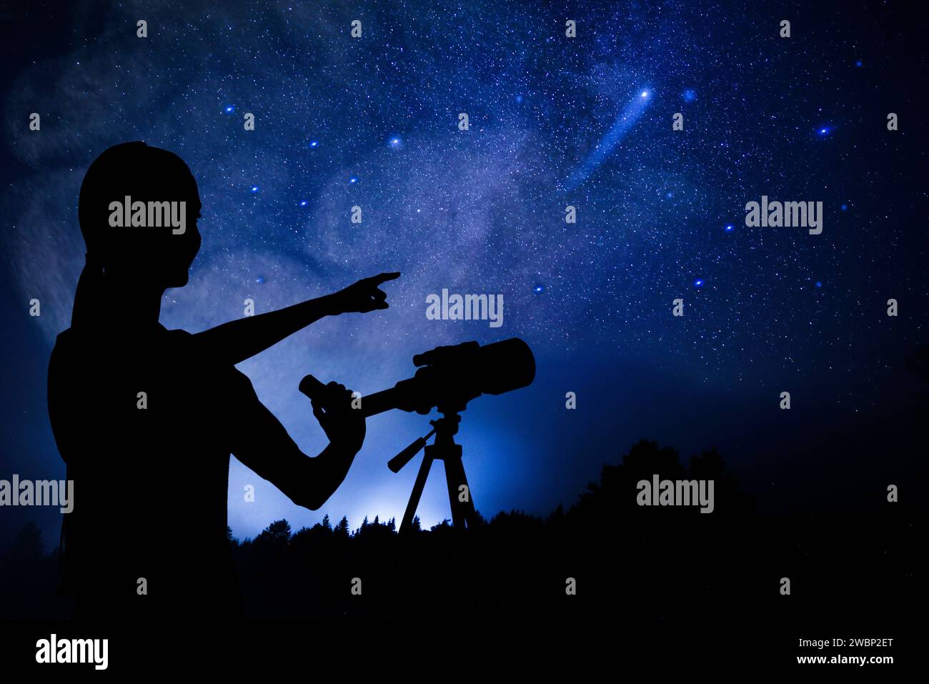 Astronomer with telescope pointing at stars outdoors Stock Photo - Alamy