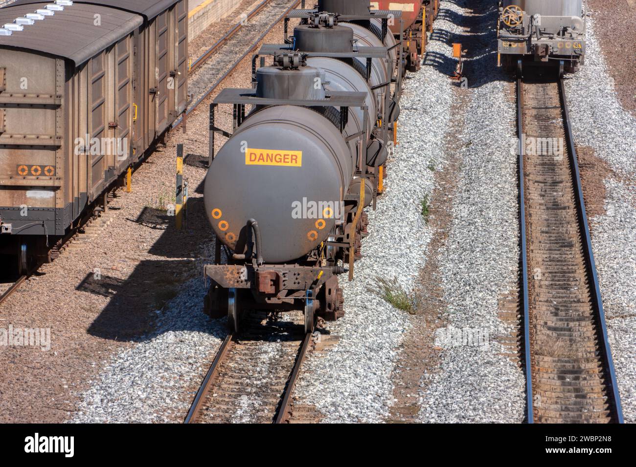 aerial view, train stop station industrial goods, wagon tankers carry ...