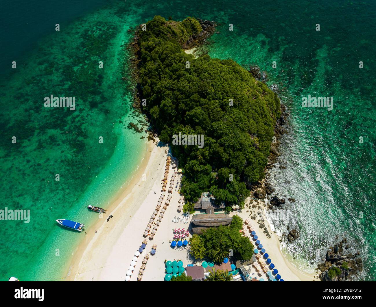Aerial view drone shot of Amazing small island beautiful tropical sandy ...