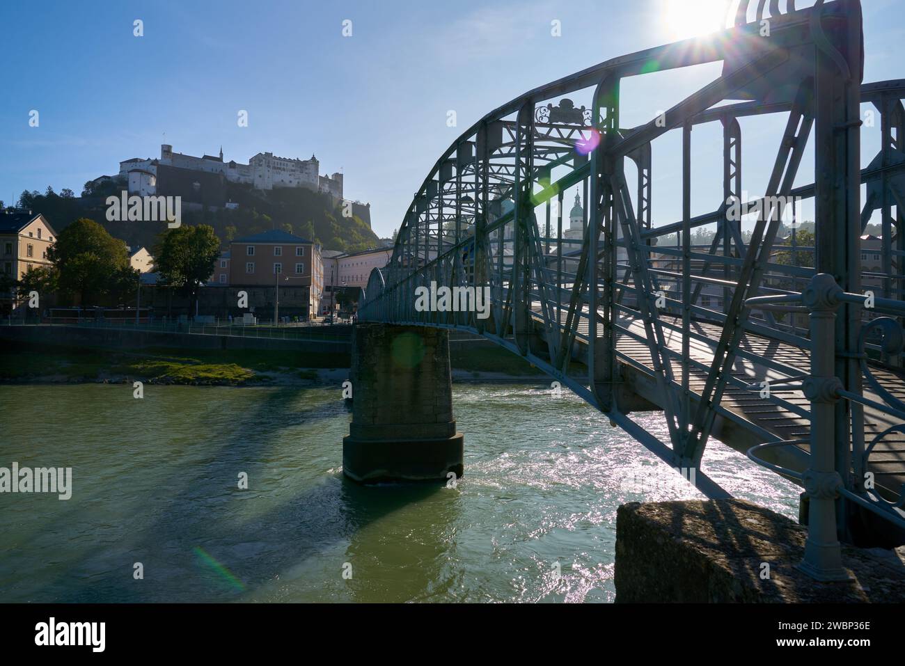 The Mozartsteg Bridge and Fortress in Salzburg. Mozart bridge ...