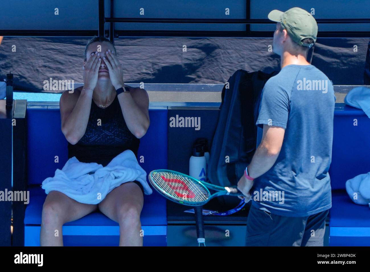 Arena Sabalenka of Belarus rests during a practice session ahead of the ...