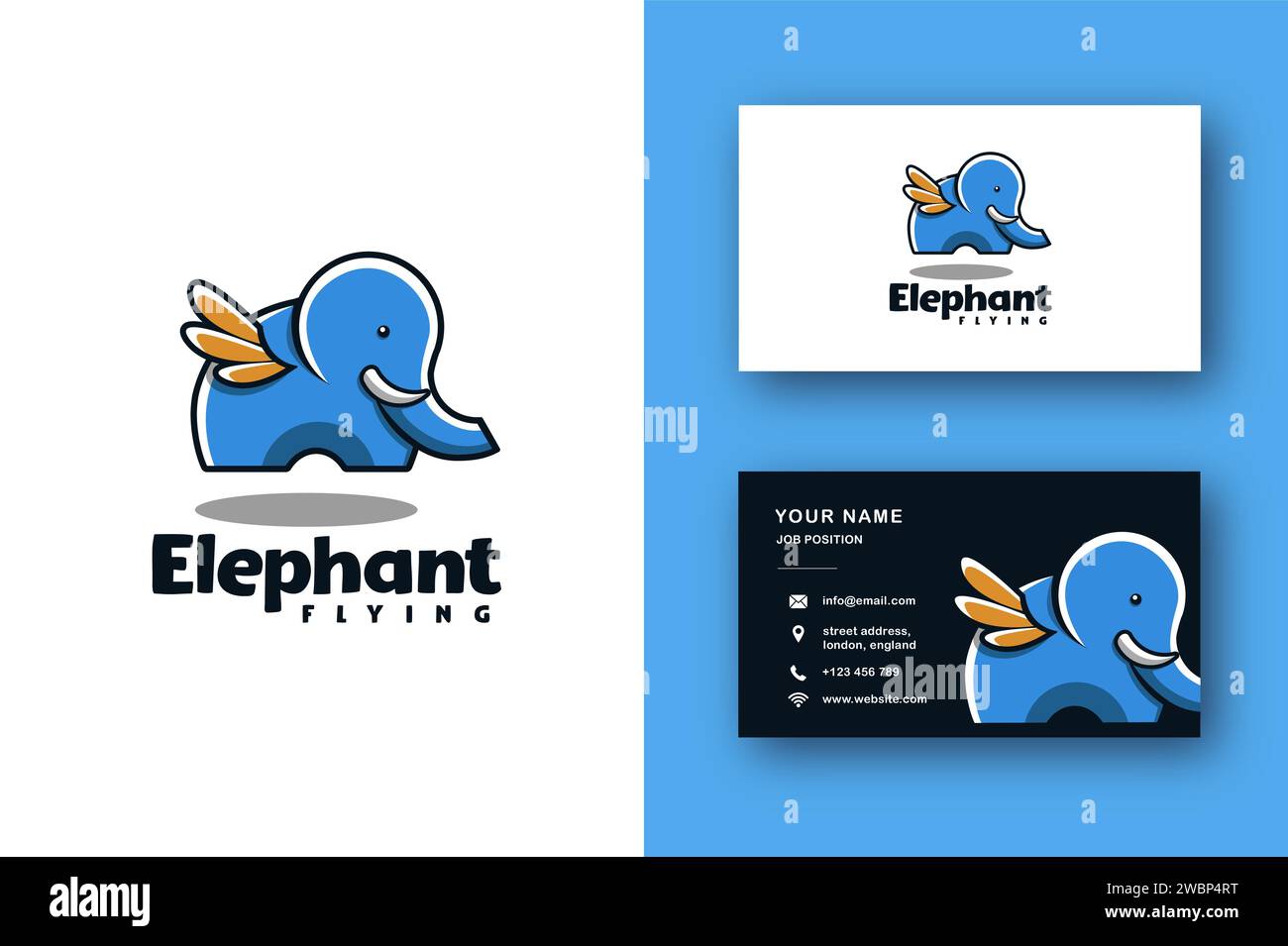 Simple fun mascot cartoon elephant flying logo and business card ...
