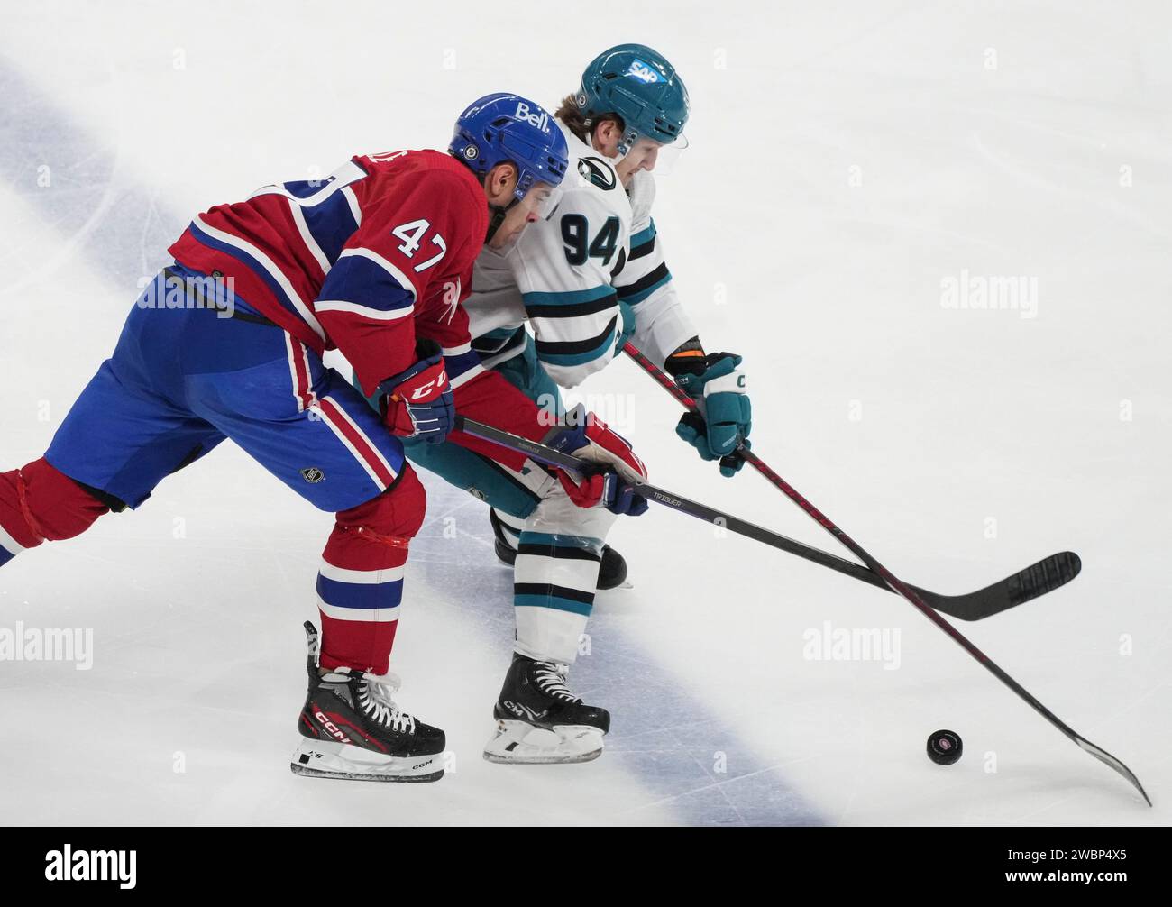 Montreal Canadiens' Jayden Struble (47) and San Jose Sharks' Alexander ...