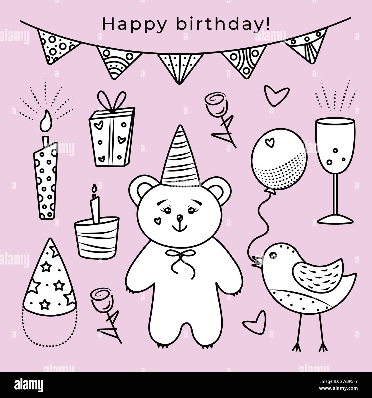 Kawaii birthday doodle set black and white stickers, cute vector items ...