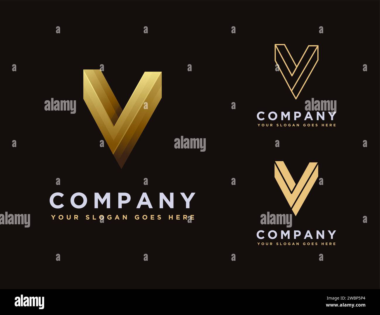 Set of elegant luxury minimalist Letter V logo on black background ...