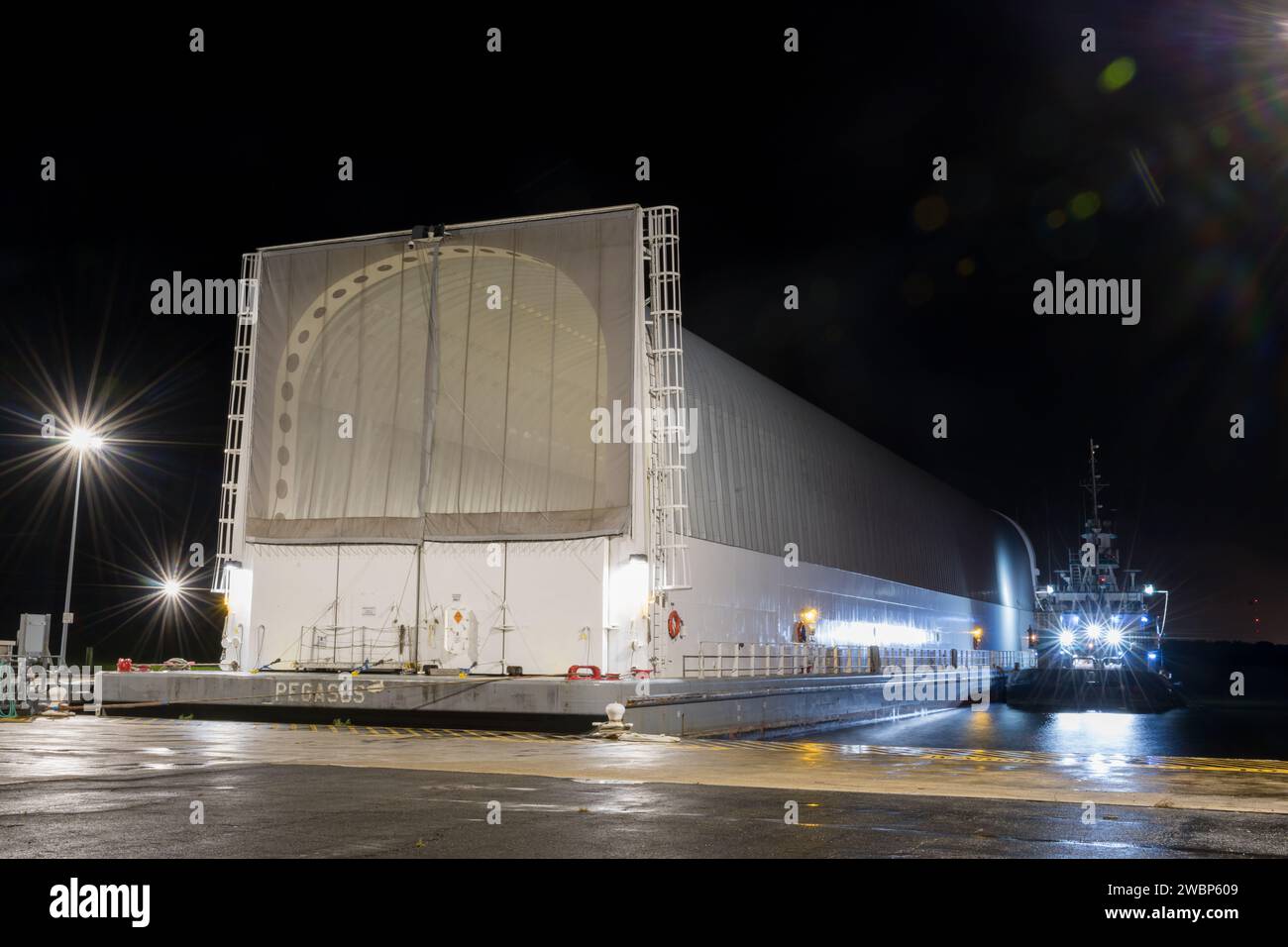 These images show NASA’s Pegasus barge at NASA’s Michoud Assembly ...
