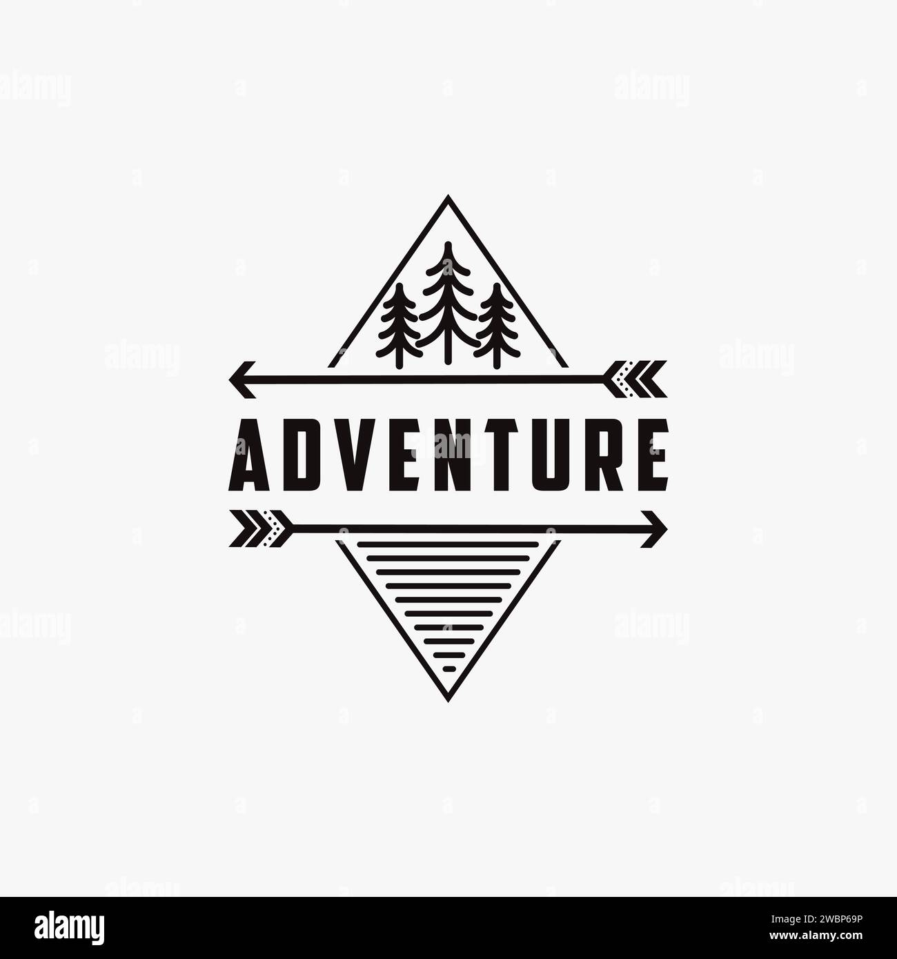 Minimalist outdoor adventure badge logo with pine trees and arrow ...
