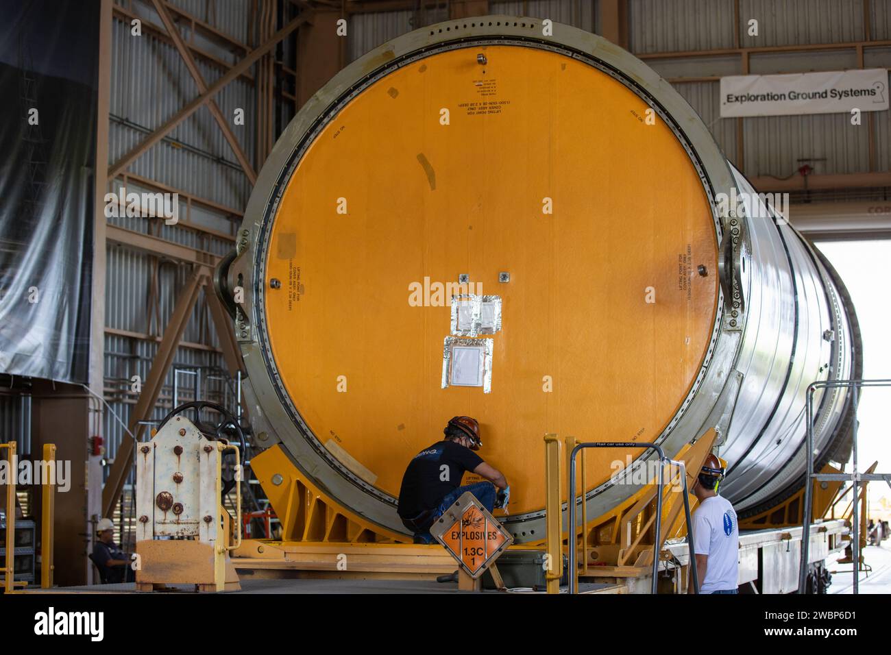 Technicians prepared two SLS solid rocket boosters for mating with aft ...