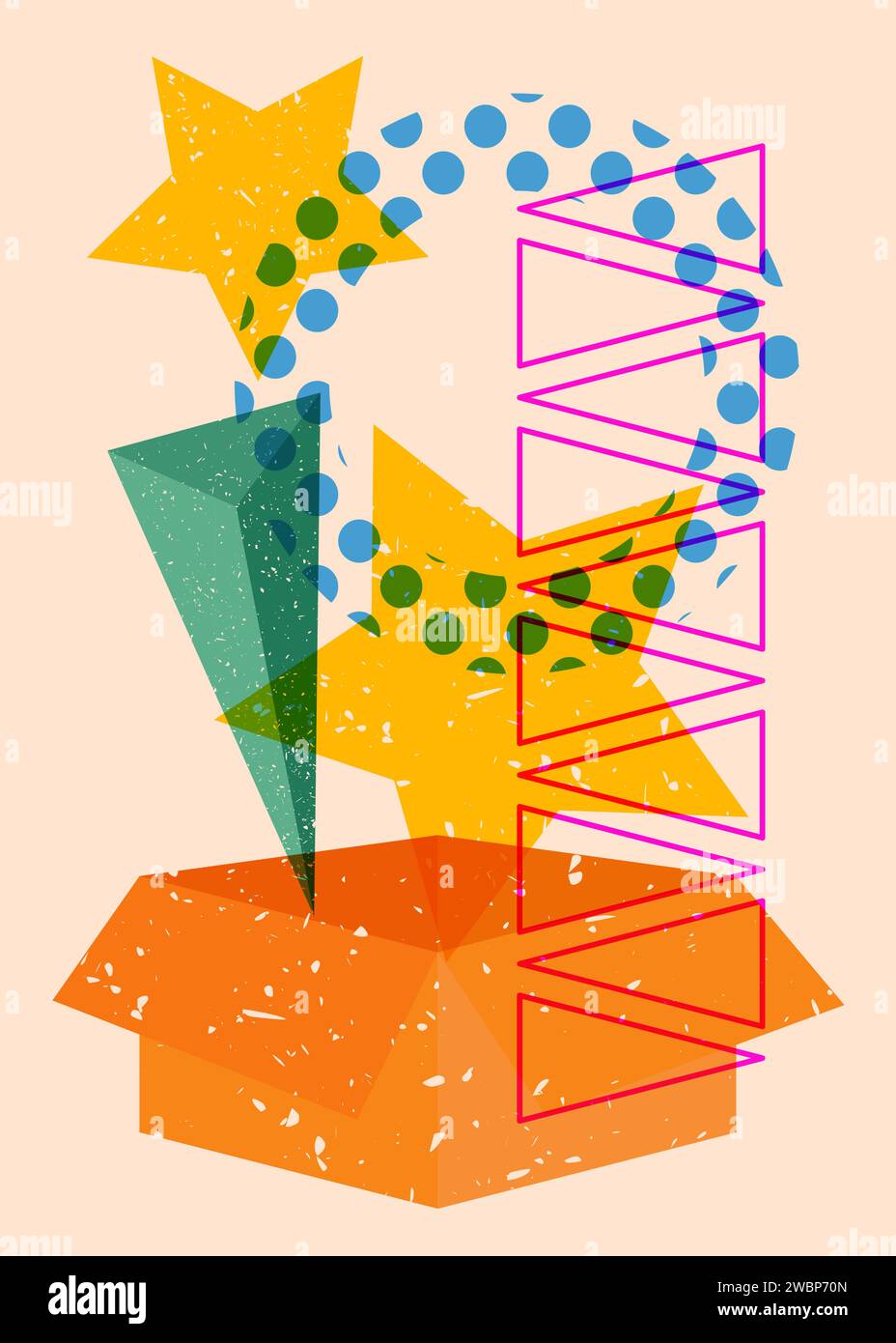 Risograph Cardboard Box with geometric shapes. Objects in trendy riso ...