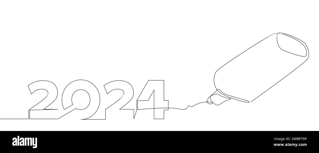 One continuous line of number 2024 written by with felt tip pen. Thin ...