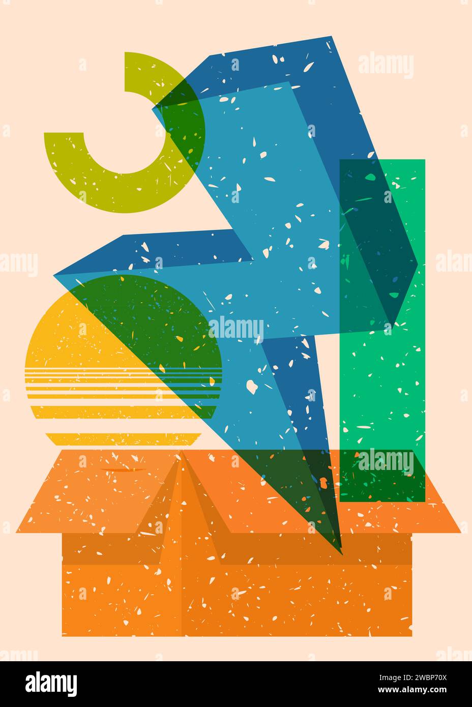 Risograph Cardboard Box with geometric shapes. Objects in trendy riso ...