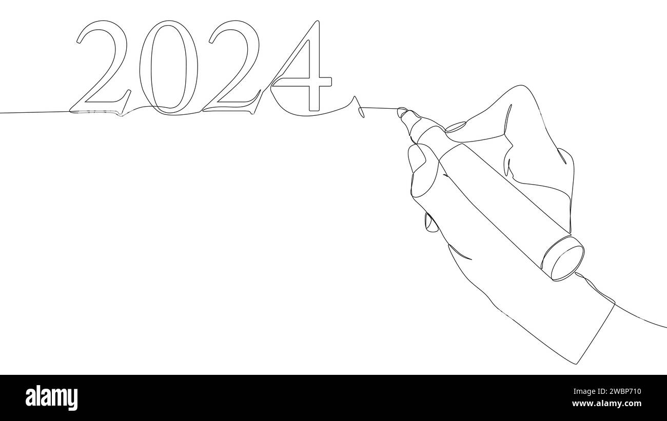 One continuous line of number 2024 written by with felt tip pen. Thin ...
