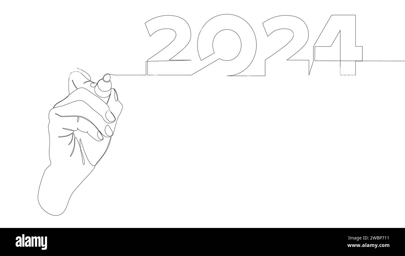 One continuous line of number 2024 written by with felt tip pen. Thin ...
