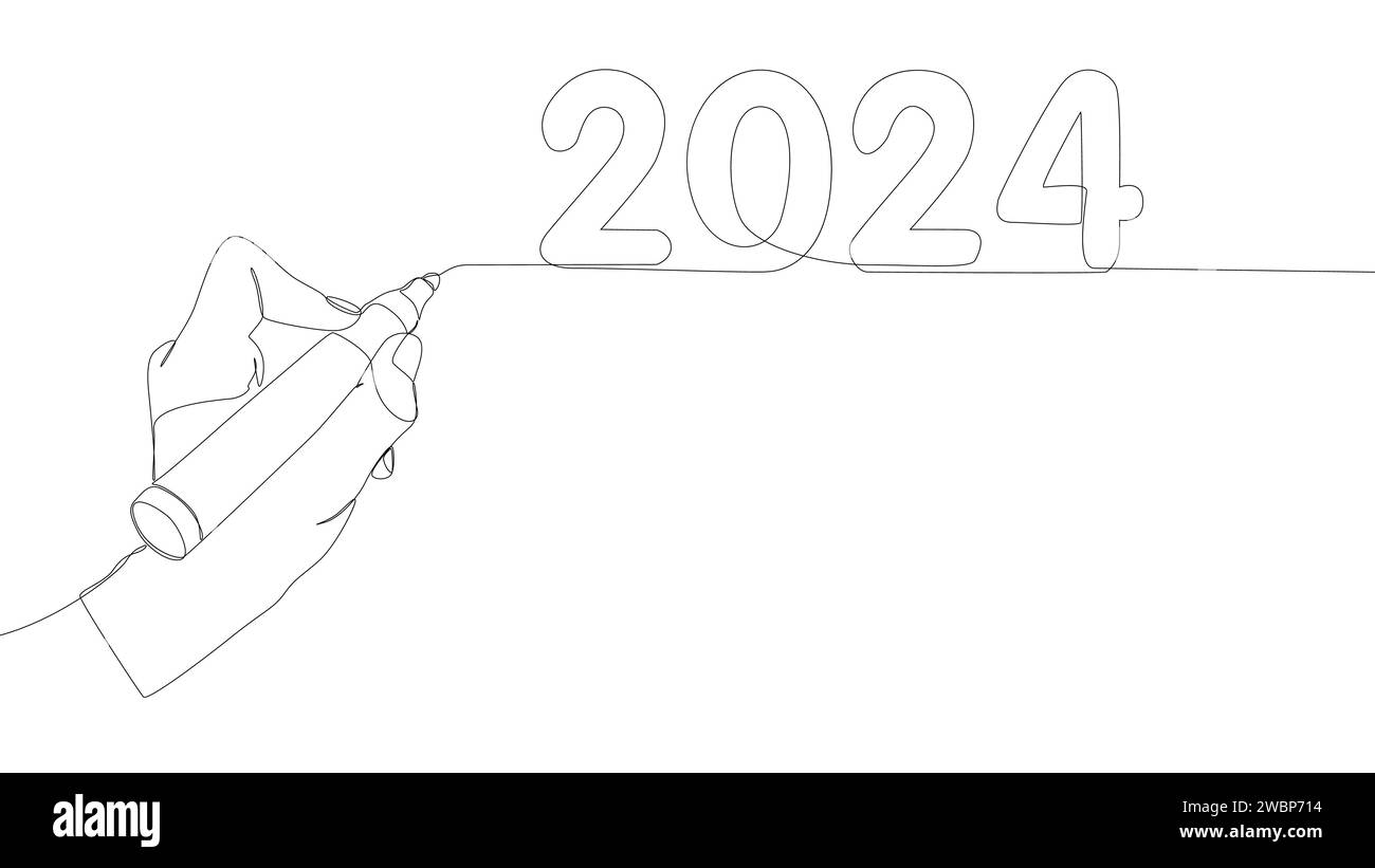 One continuous line of number 2024 written by with felt tip pen. Thin ...